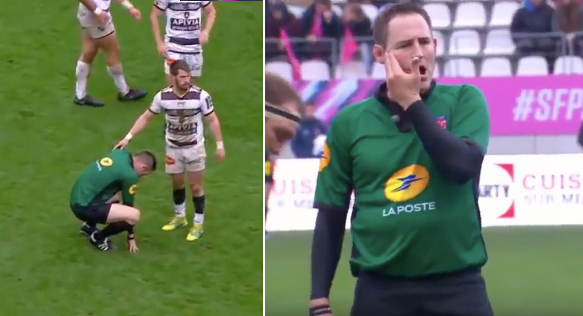 Referee gets big whack in the cheek but toughs it out despite the pain ...